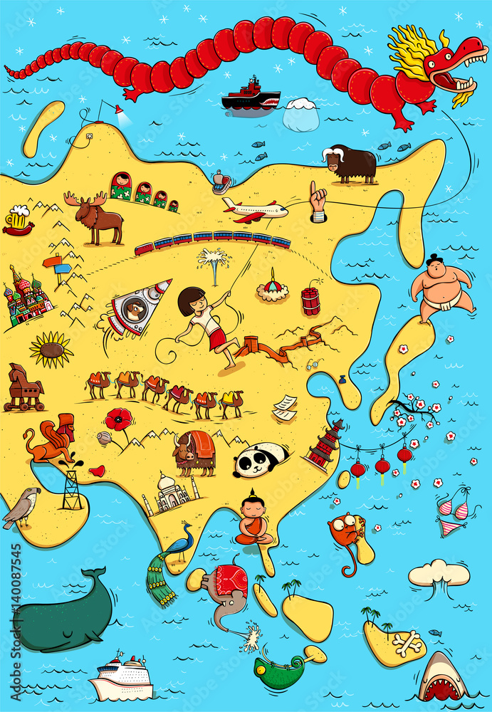 Illustrated Map of Asia Stock Vector | Adobe Stock