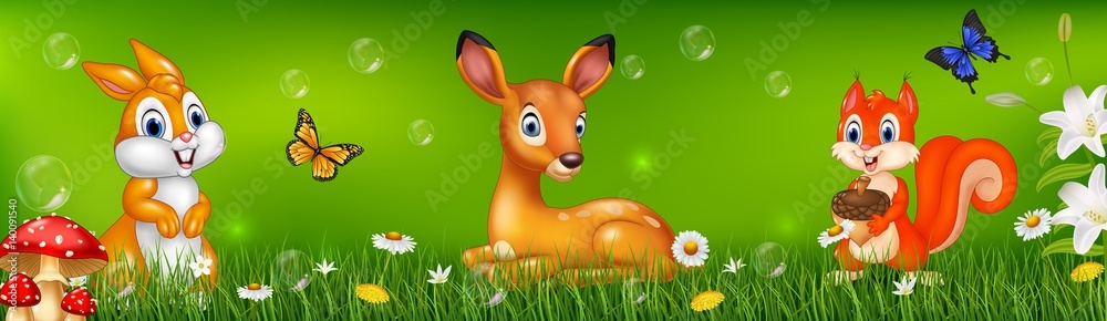 Cartoon deer, squirrel and rabbit with nature background Stock Vector ...
