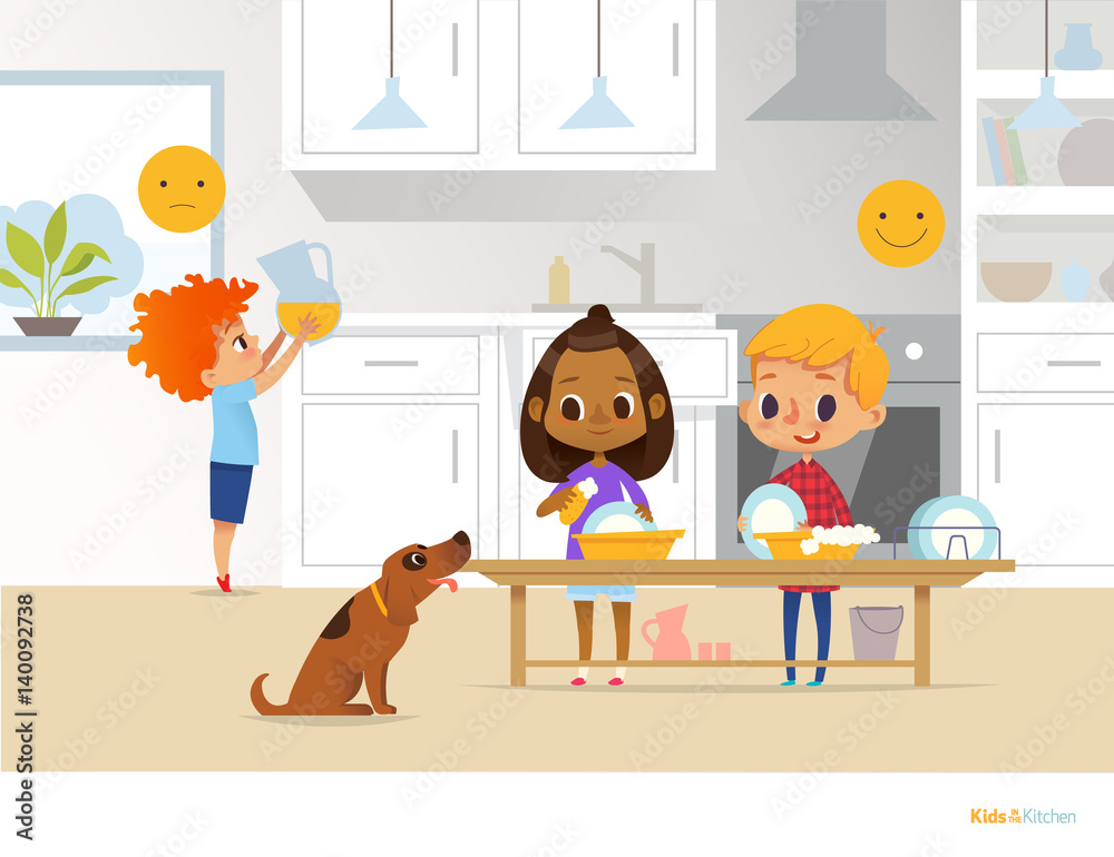 Children doing daily routine activities in kitchen. Two kids washing ...