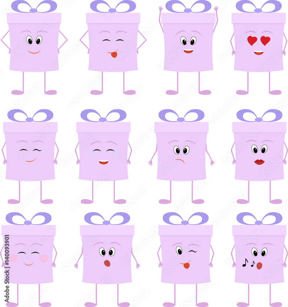 Funny gift boxes cartoon characters with bows. Christmas gift box set ...