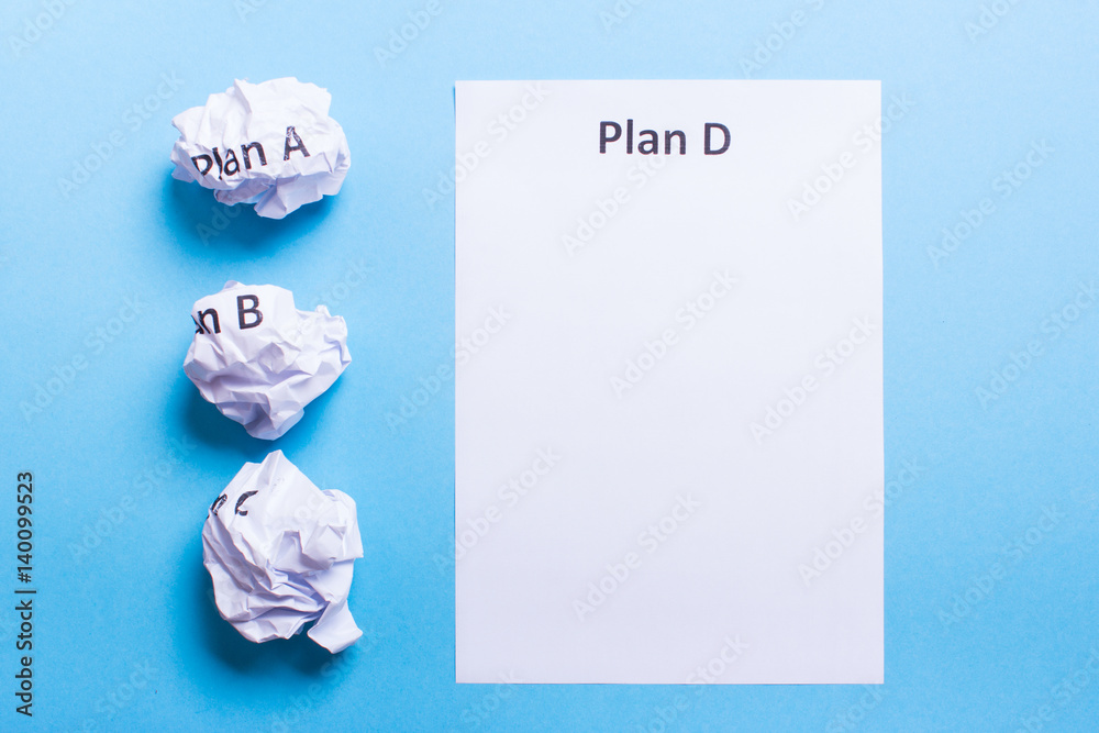 Crumpled paper Plan A B C and clean sheet Plan D Stock Photo | Adobe Stock