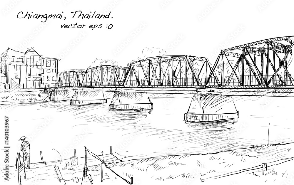 Sketch of cityscape show iron bridge in Chiangmai Thailand ...