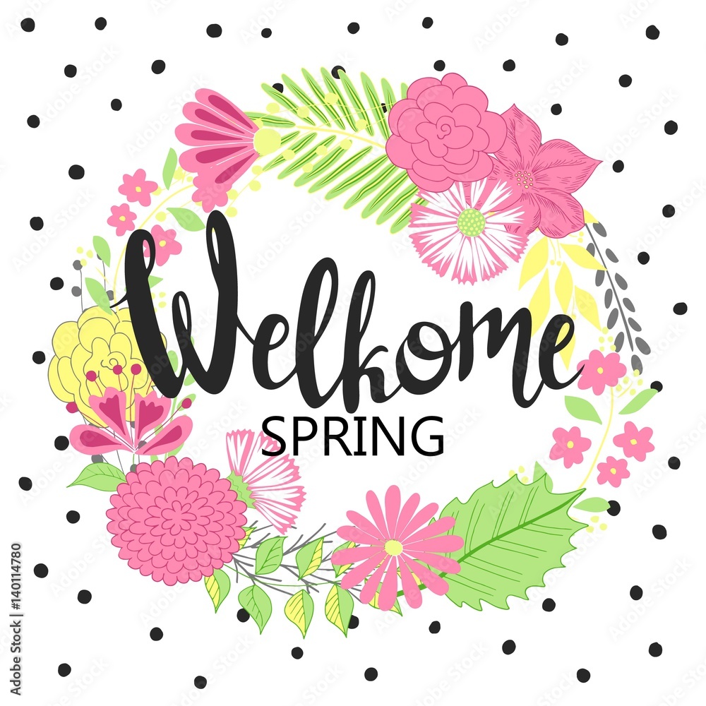 Spring background with beautiful flowers. Greeting card with hand drawn ...