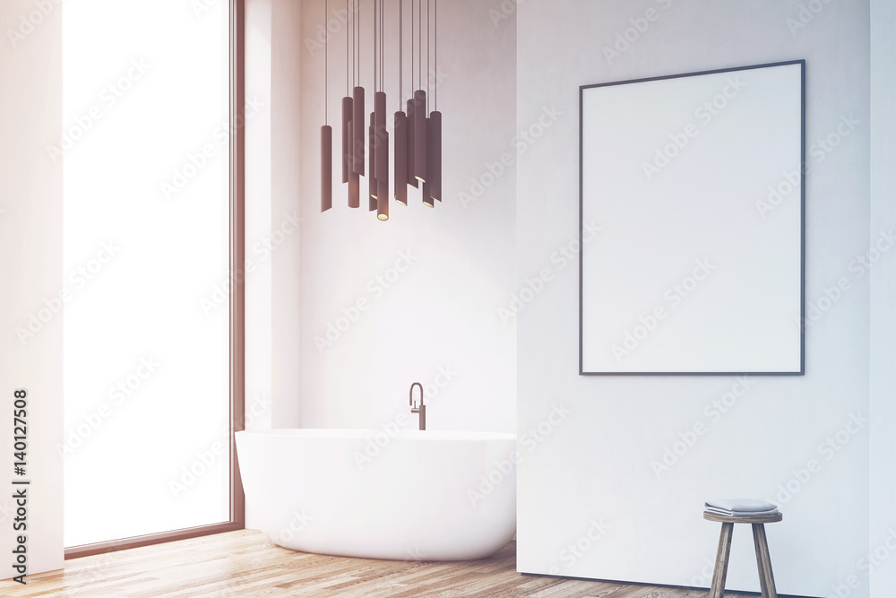 Side view bathroom interior with bathtub, wooden floor, white wall and ...