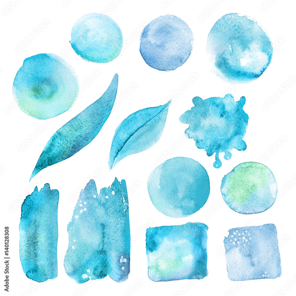 Set of blue watercolor stains. Swabs suitable for texture advertising ...