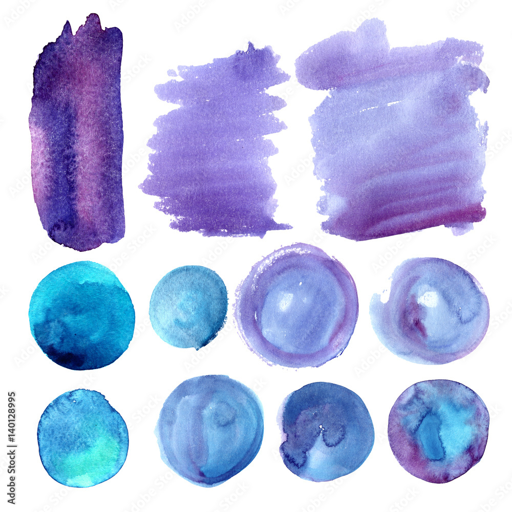 Set of blue watercolor stains. Swabs suitable for texture advertising ...
