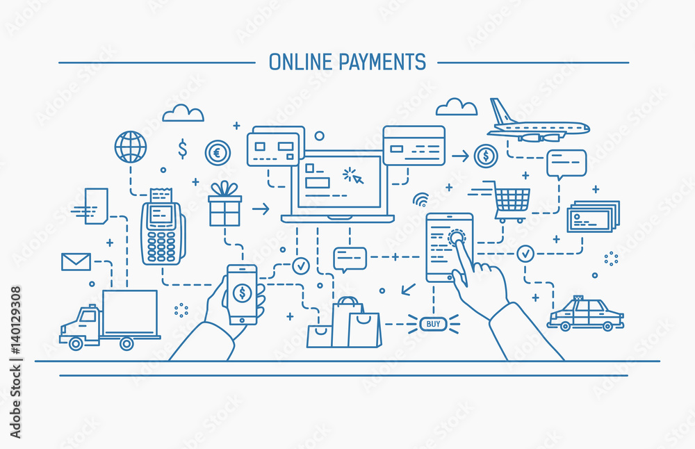 Line art flat contour vector illustration. online payments, money ...