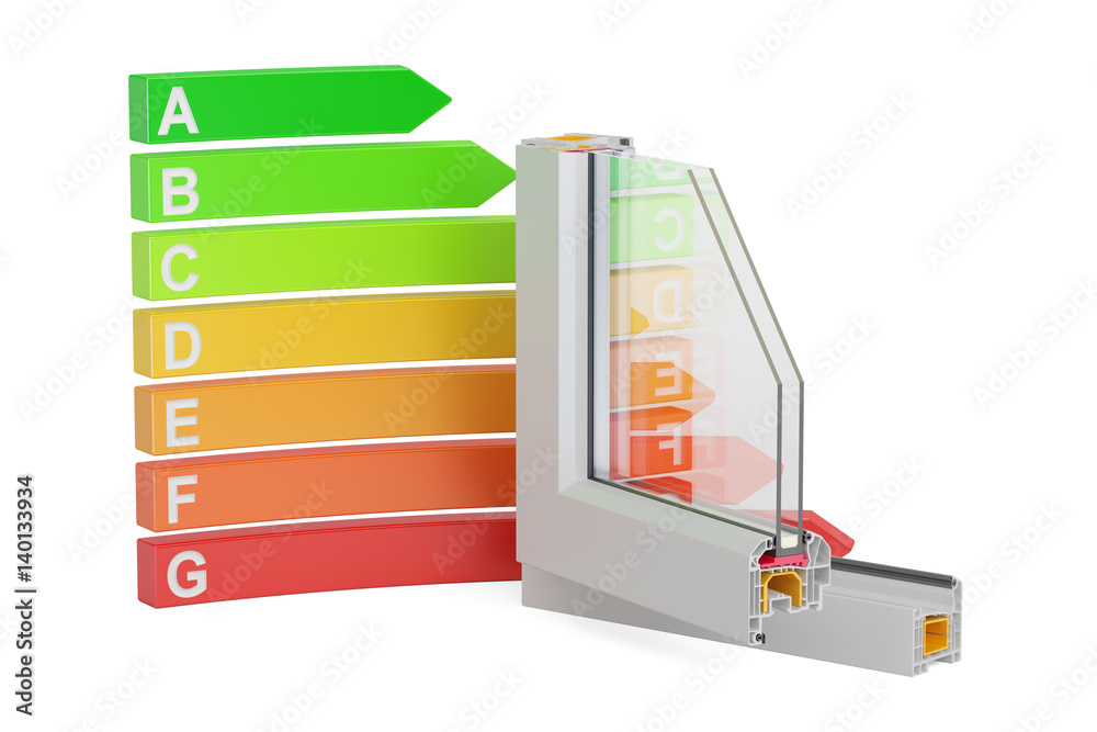 Energy efficiency graph with plastic windows profiles, 3D rendering ...