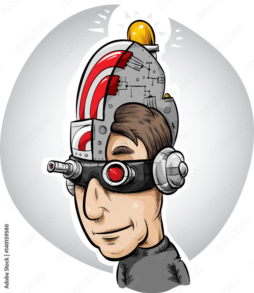A cartoon man wearing a technological headset helmet with scanning ...