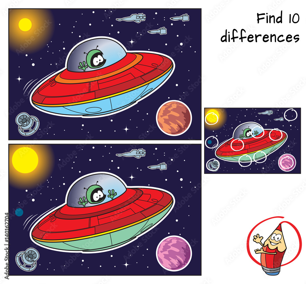 Red UFO with green alien. Find 10 differences. Educational game for ...