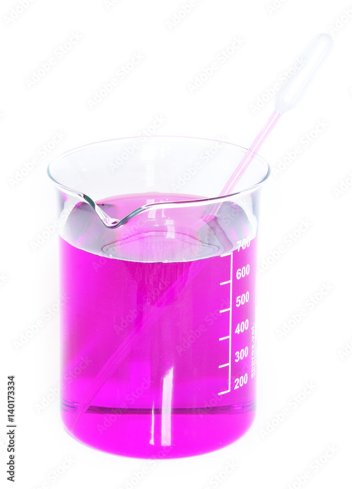 Chemical beaker with permanganate dissolved in water and pipette Stock ...