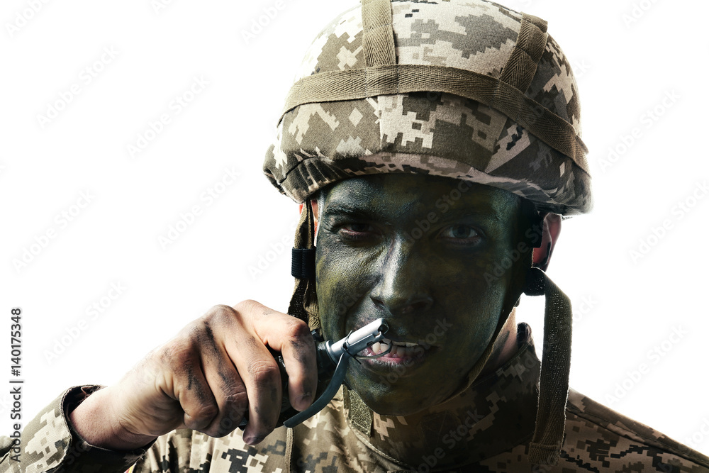 Close up view of soldier pulling safety pin out of fragmentation ...