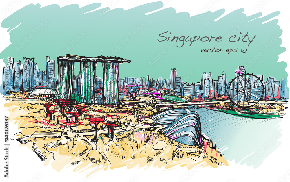 sketch cityscape of Singapore skyline in special color, free hand draw ...