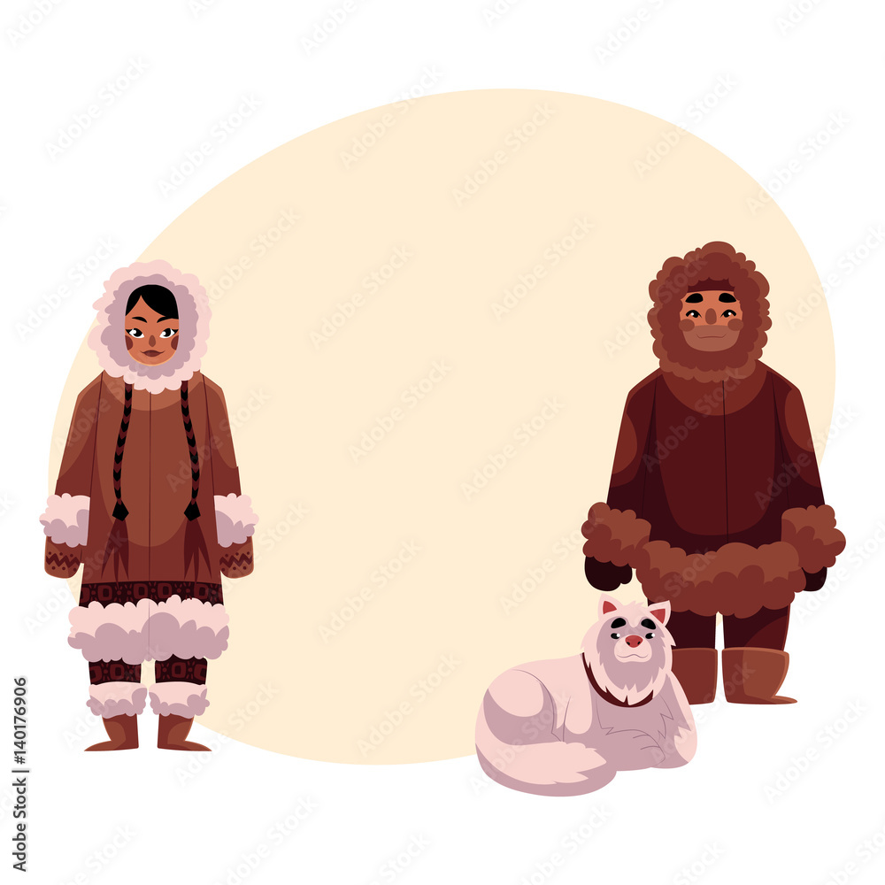 Eskimo, Inuit man and woman in warm winter clothes with white fluffy ...