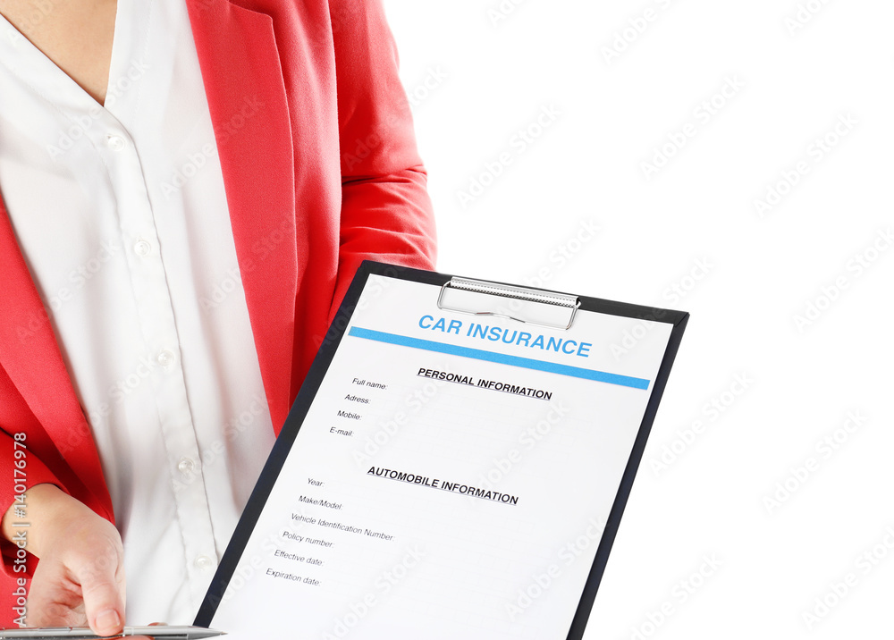 Insurance agent filling claim form on white background Stock Photo ...