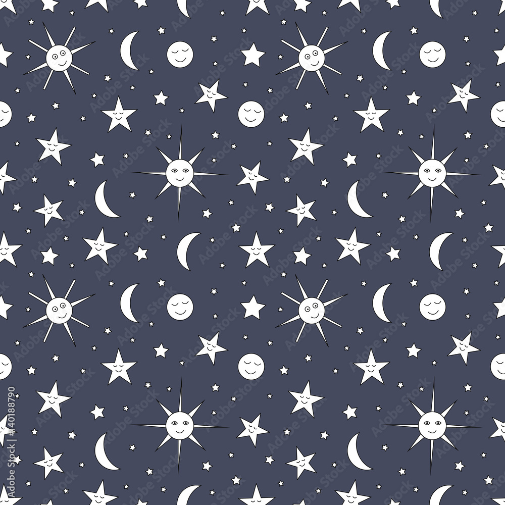 Children seamless pattern of night sky with sun, moon and stars Stock ...