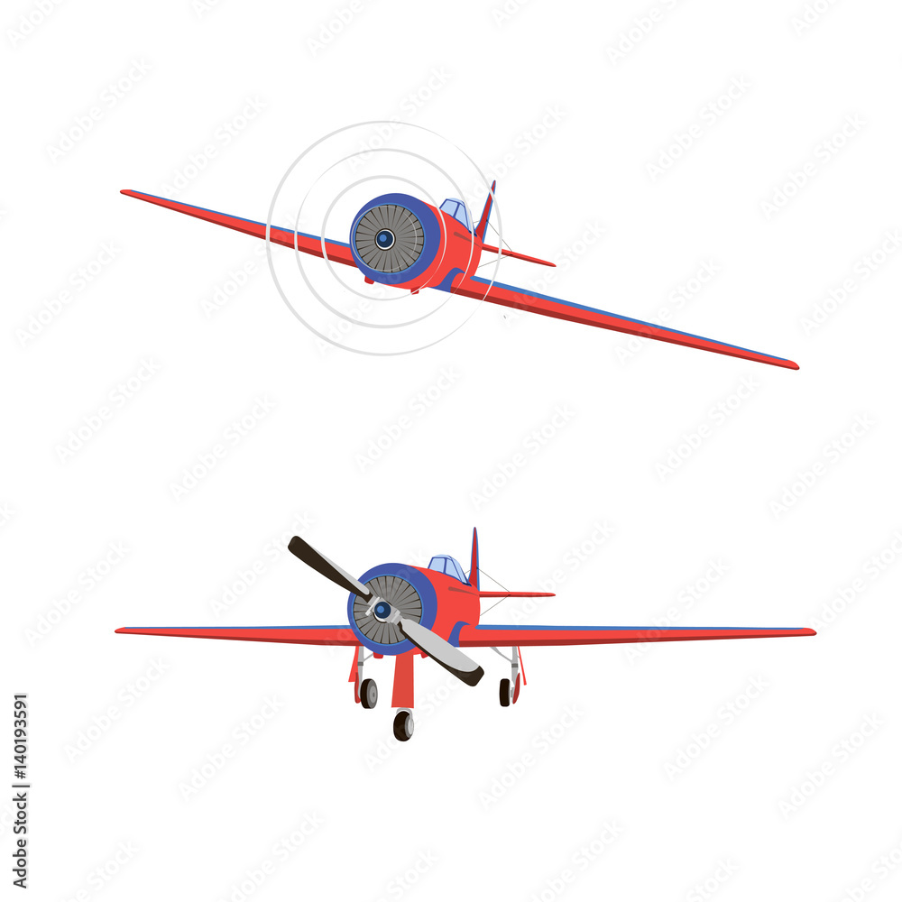 Vector flat illustration of a propeller aircraft in static and in ...