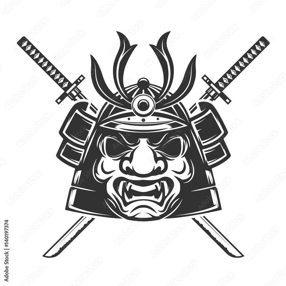 Samurai mask with crossed swords isolated on white background. Design ...