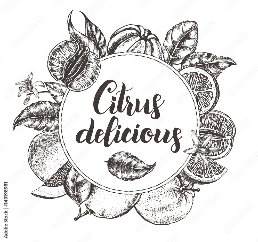 Background with citrus fruits and brush calligraphy style lettering ...