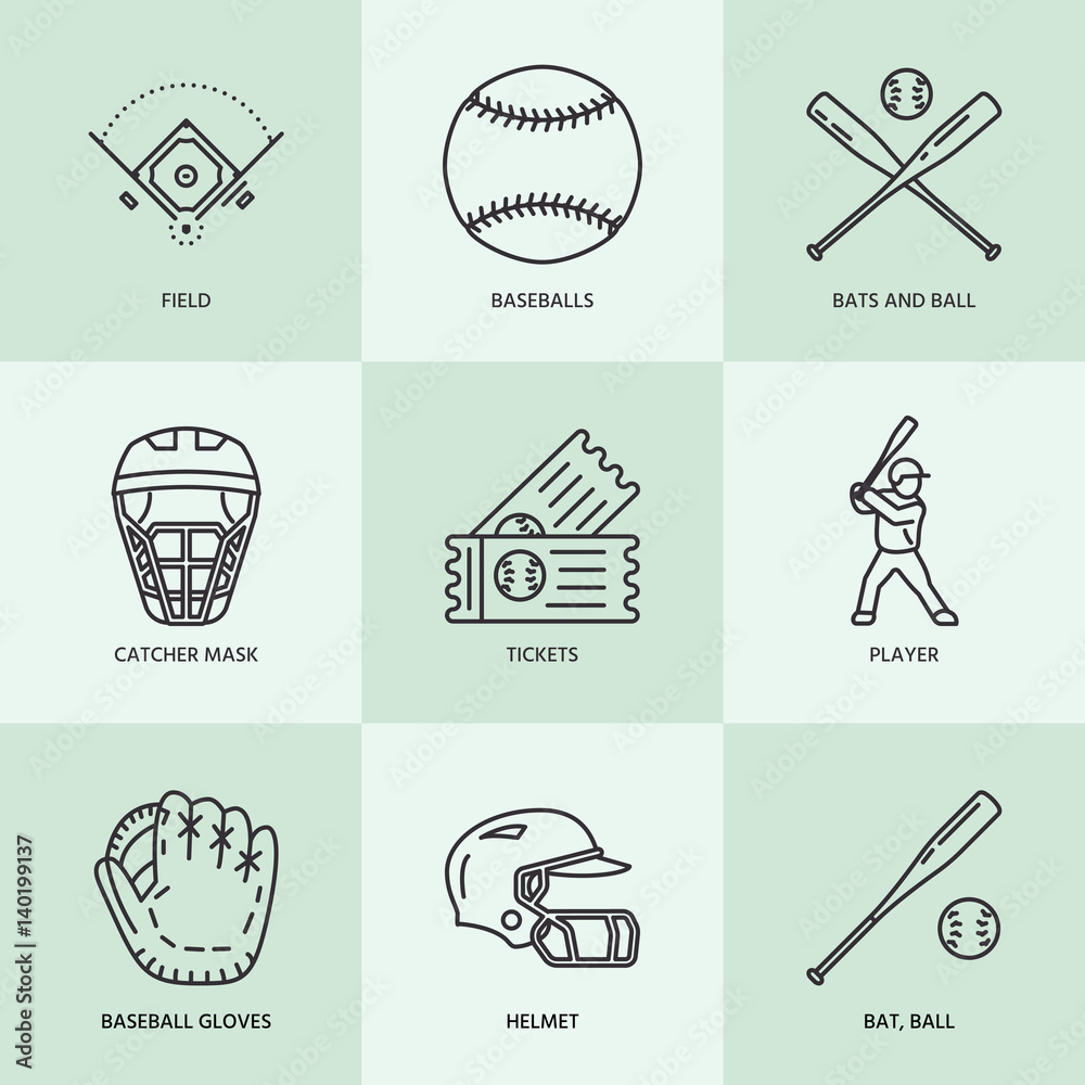 Baseball, softball sport game vector line icons. Ball, bat, field ...