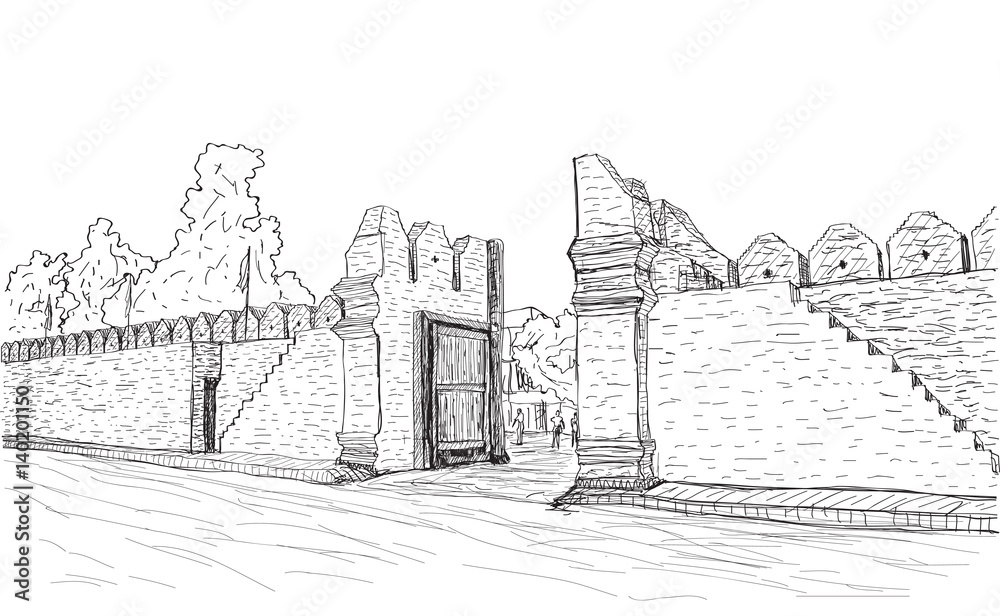 sketch of old gate Tha Phae gate in Thailand, Chiangmai free hand draw ...
