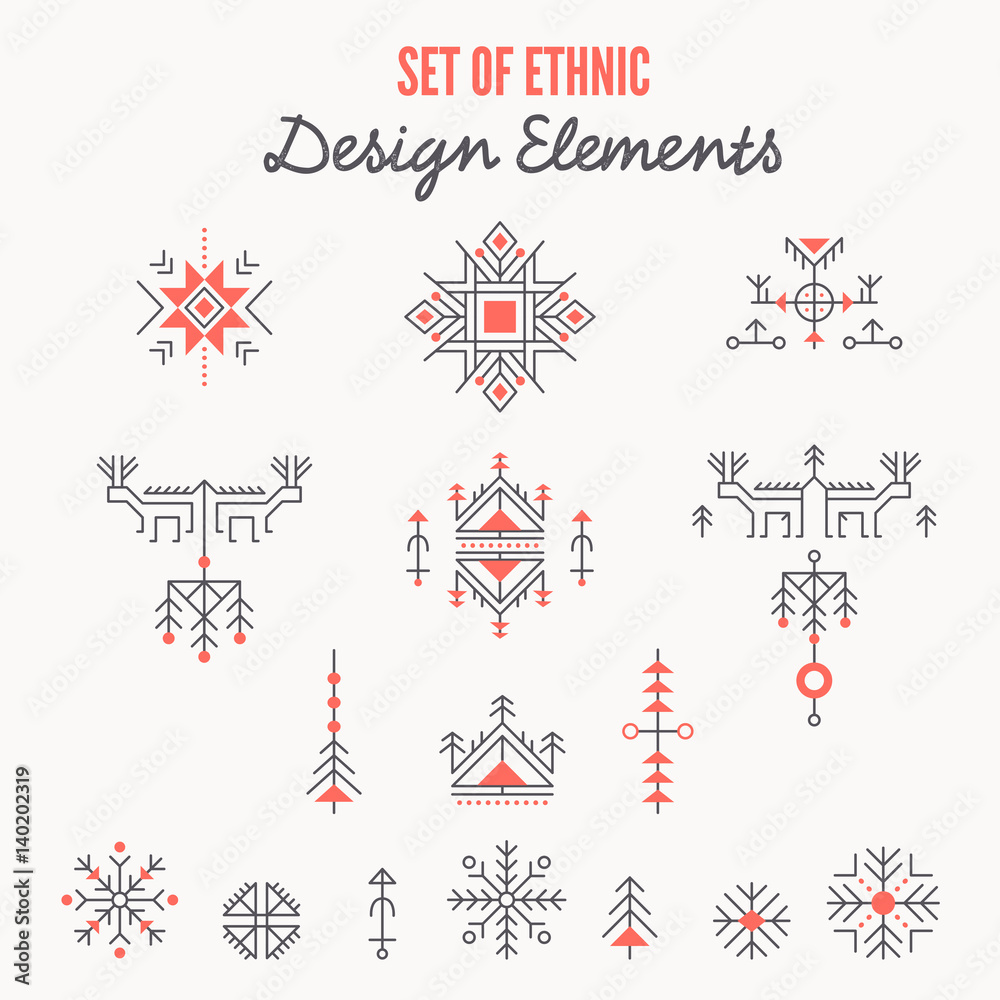 Set of ethnic design elements, logo templates - line style ancient ...