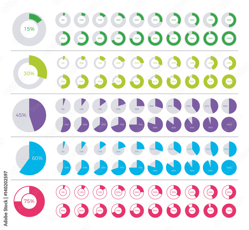 Set of pie chart infographic elements. 0, 5, 10, 15, 20, 25, 30, 35, 40 ...