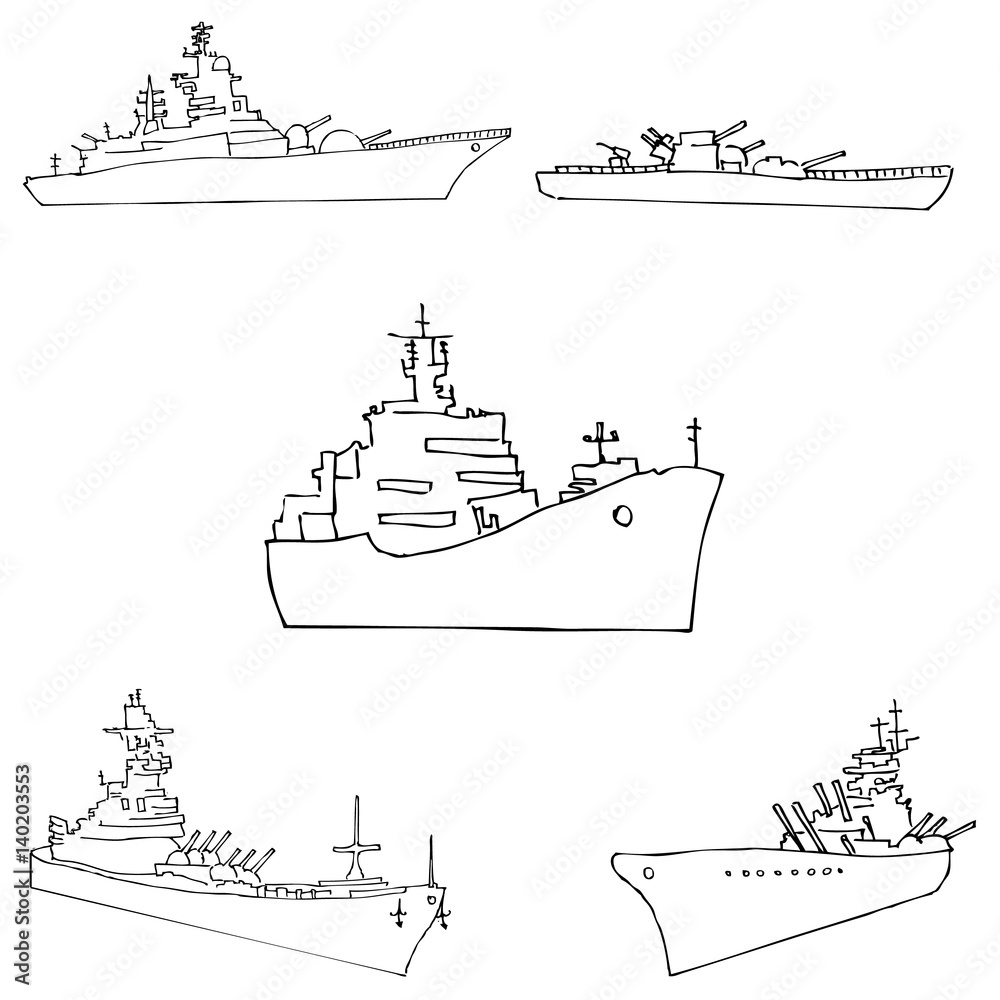 Warships. Sketch by hand. Pencil drawing by hand. Vector image. The ...