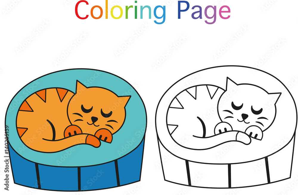 Colored and colorless cat illustration for coloring book, coloring page ...