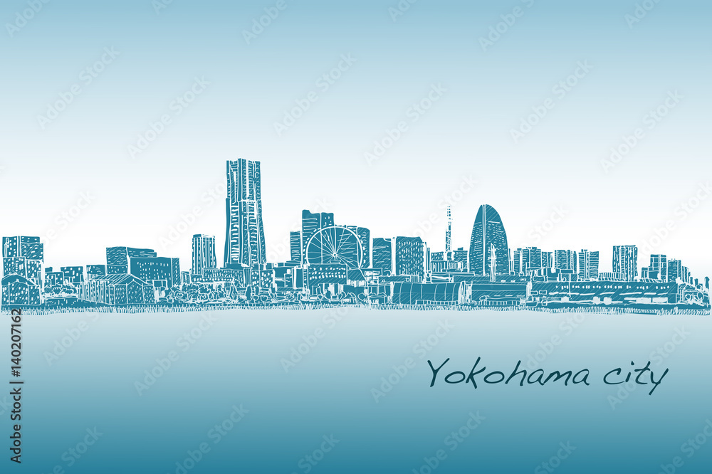 city scape skyline of Yokohama in Japan free hand drawing, vector and ...