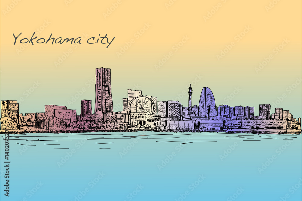 city scape skyline of Yokohama in Japan free hand drawing, vector and ...