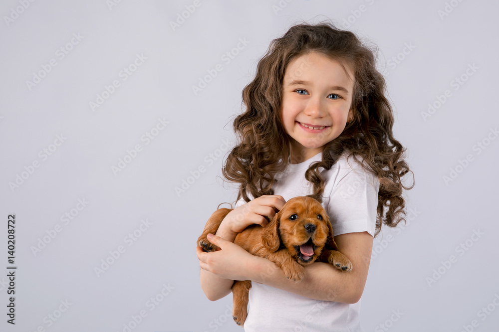 Little girl with red puppy isolated on white background. Kid Pet ...