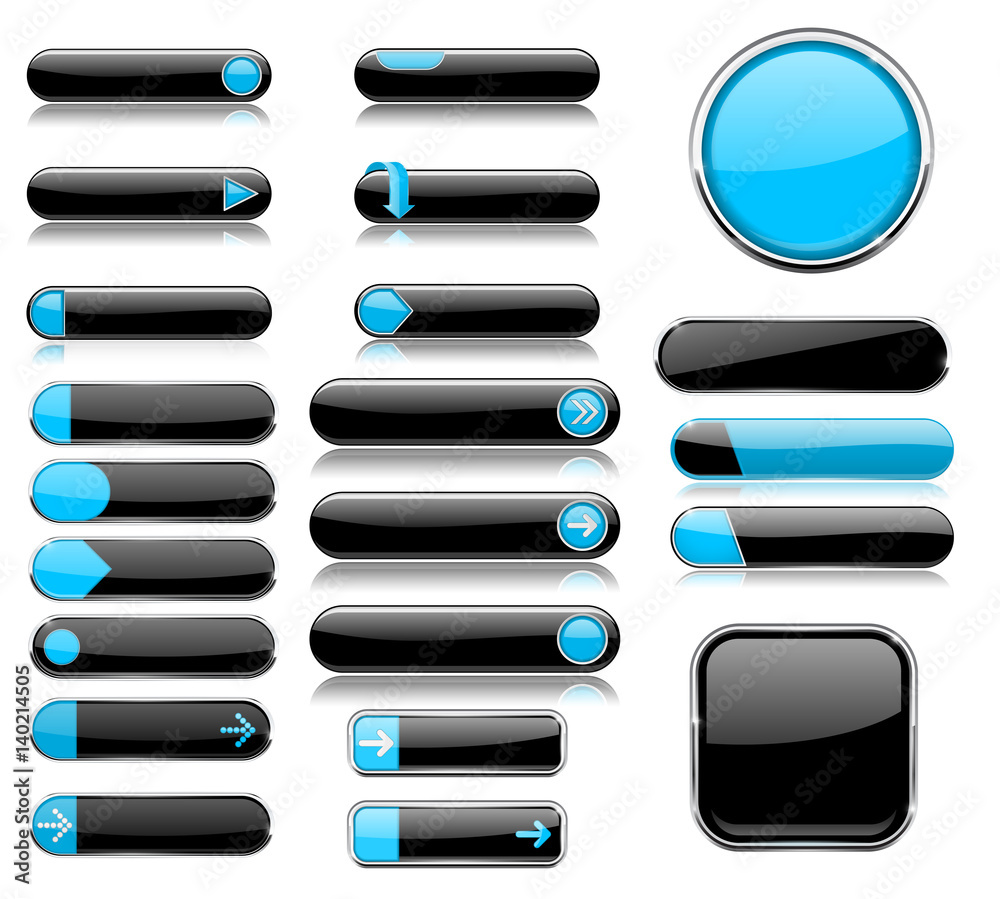 Black and blue menu buttons. Interface elements with metal frame Stock ...