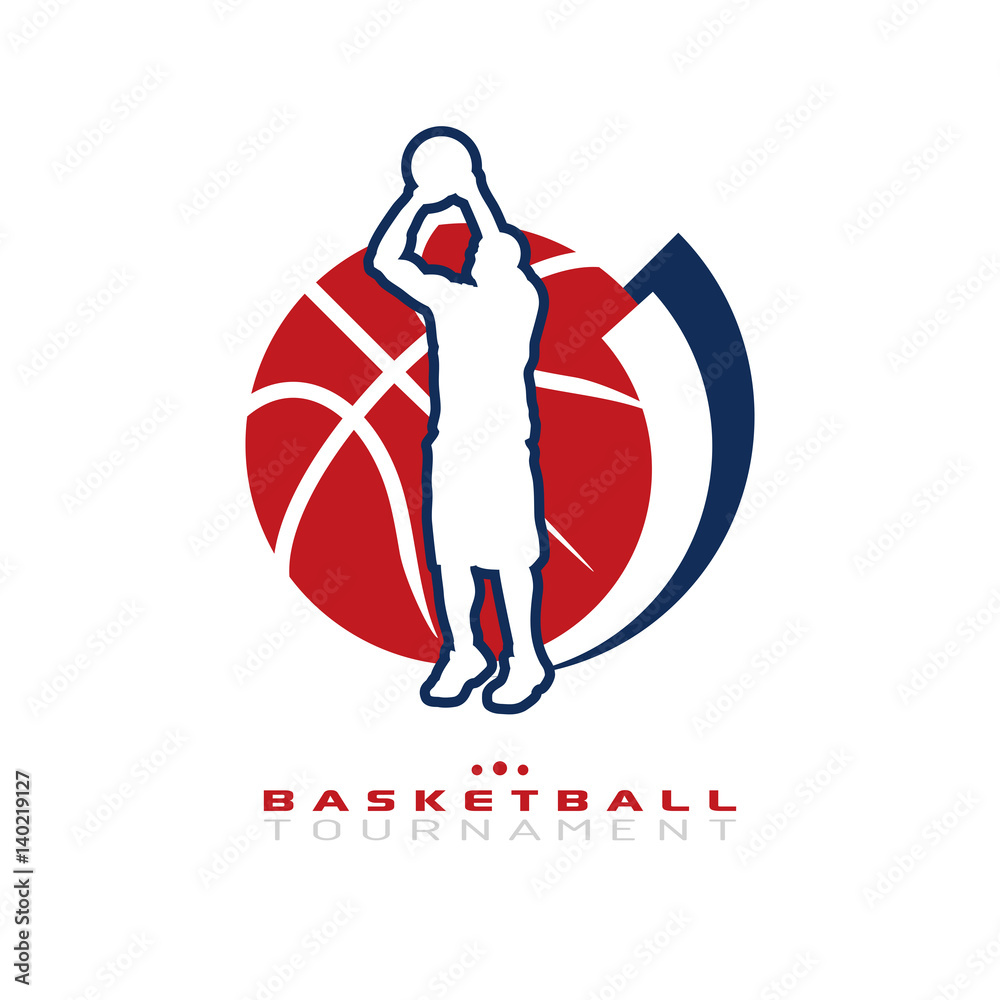 Basketball tournament logo. Silhouette of basketball player shoots for ...