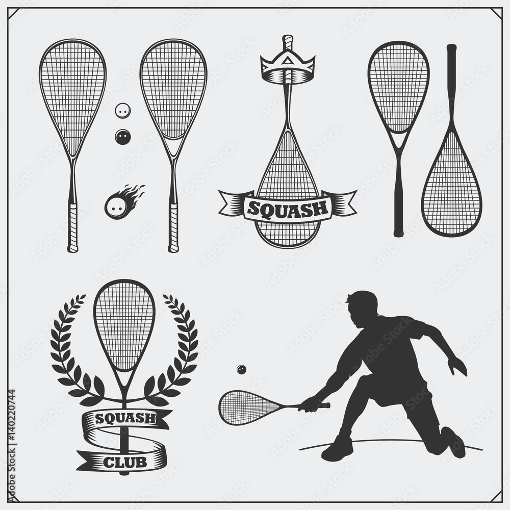Squash labels, emblems, badges, design elements and silhouette of ...