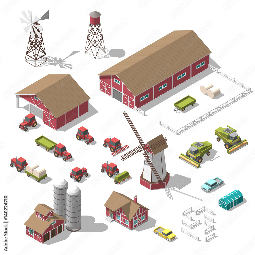 A set of 3D isometric elements for the infographics of a farm or game ...