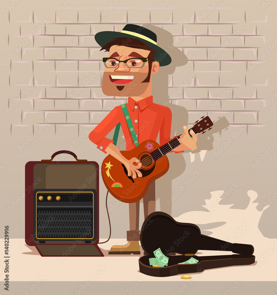 Street performer man character sing song. Vector flat cartoon ...