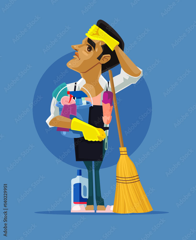 Sad tired man character cleaning house. Vector flat cartoon ...