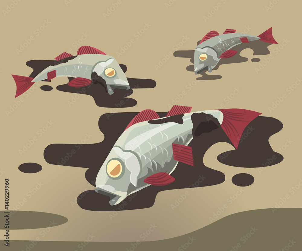 Dead fish covered in oil. Pollution of environment. Vector flat cartoon ...