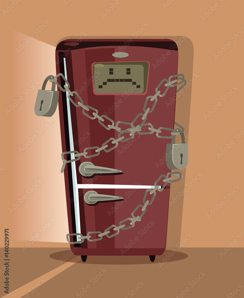 Sad refrigerator character locked with chain. Vector flat cartoon ...