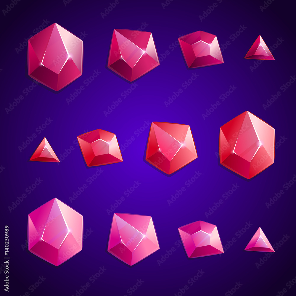 Cartoon crystal set of different shapes. Shades of red stone. GUI and ...
