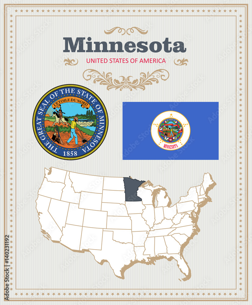 High detailed vector set with flag, coat of arms, map of Minnesota ...