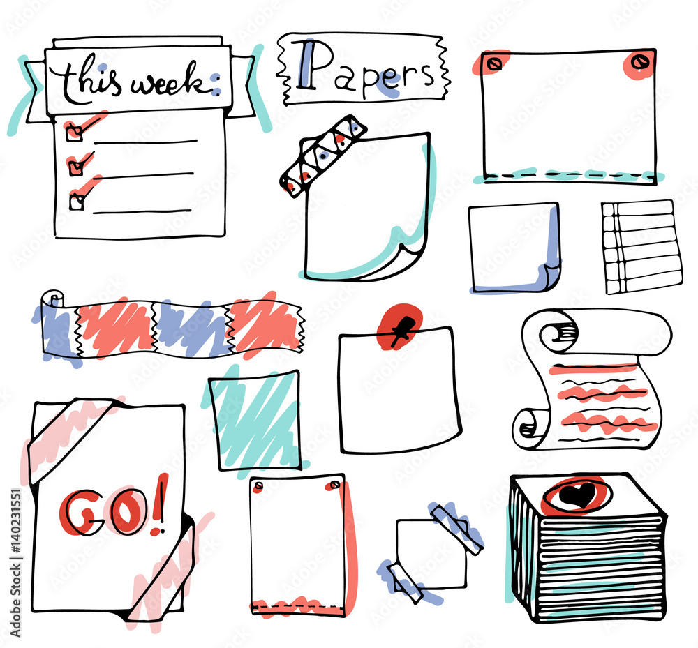 Set of hand drawn paper notes, lists, frames in vector. Set of hand ...