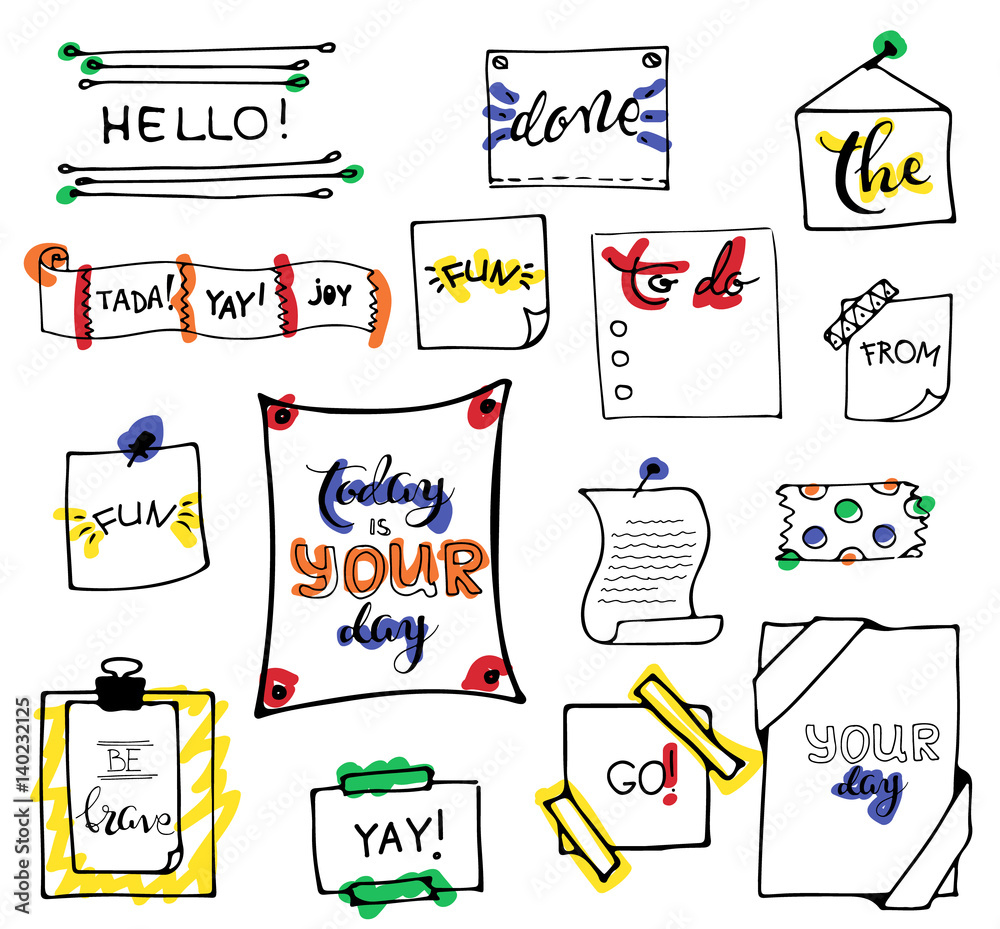 Office supplies. Set of hand drawn colorful isolated doodle notepaper ...