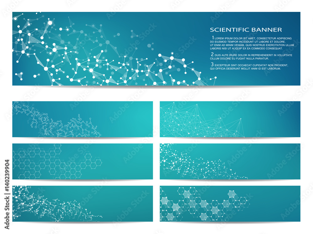 Set of modern scientific banners. Molecule structure DNA and neurons ...
