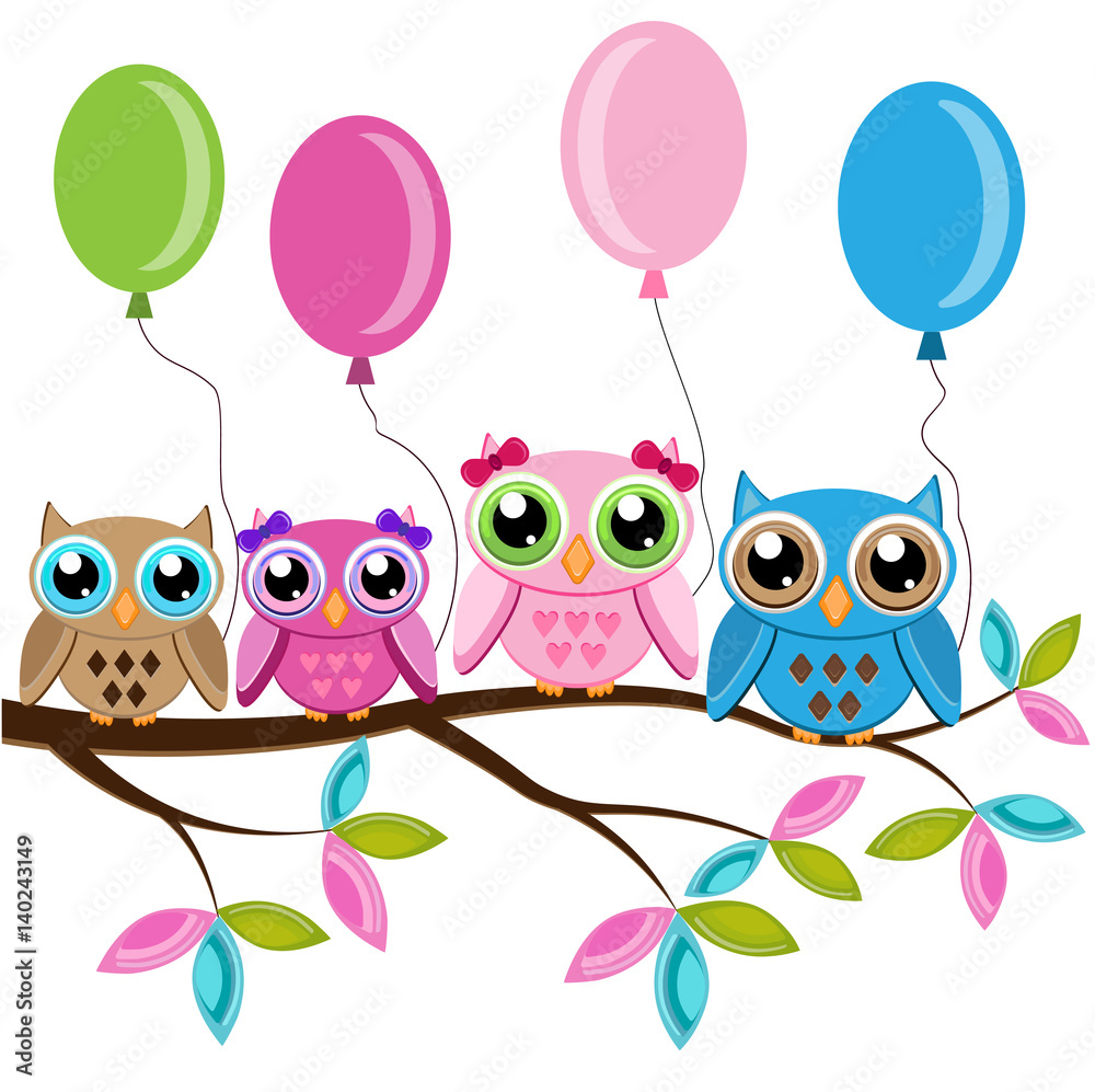 Four colorful owls with balloons sitting on the branch on a white ...