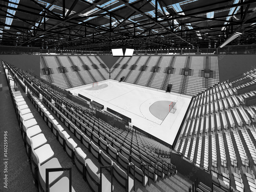 Beautiful sports arena for handball with white seats and VIP boxes ...