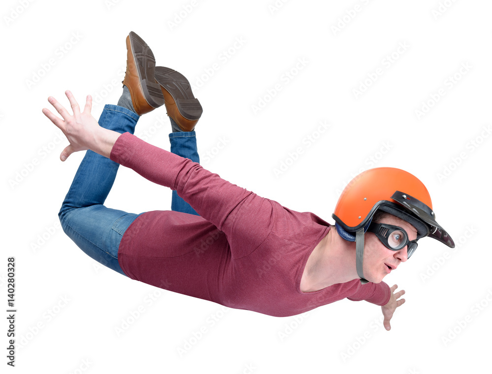 Crazy man in red helmet is flying isolated on white background. File ...