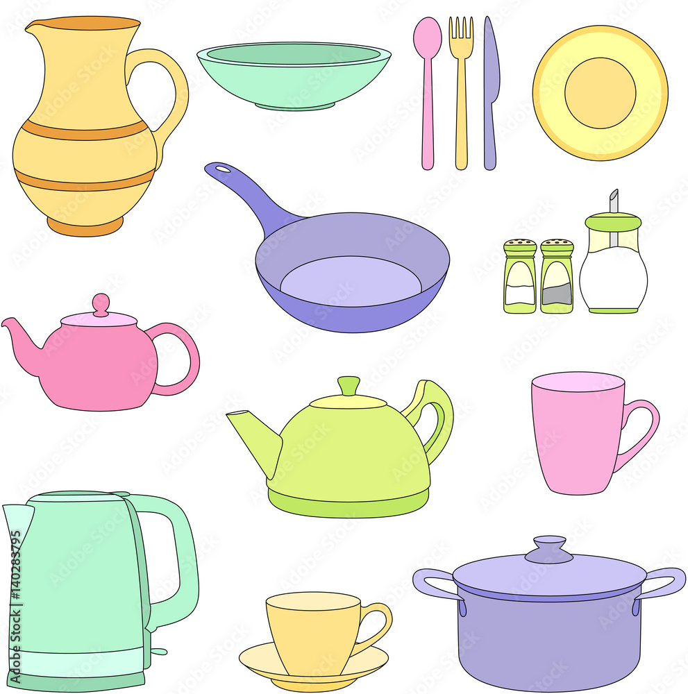 Set of cartoon tableware Stock-Vektorgrafik | Adobe Stock