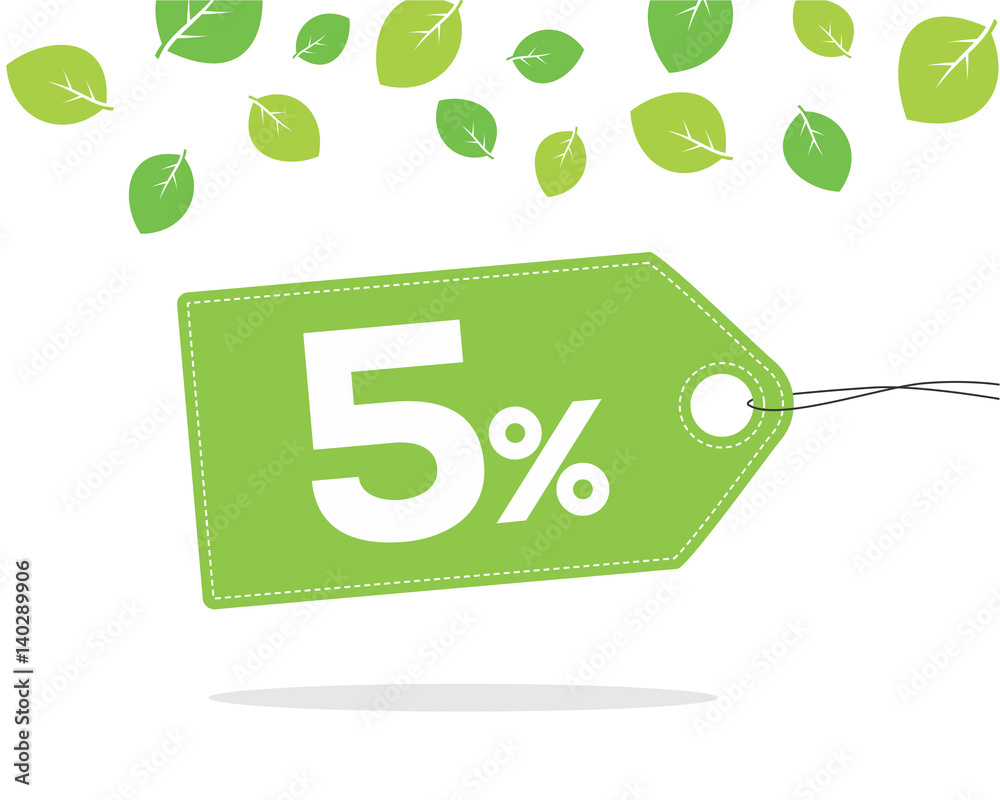 Green price tag label with 5% text and stitches on it and with shadow ...